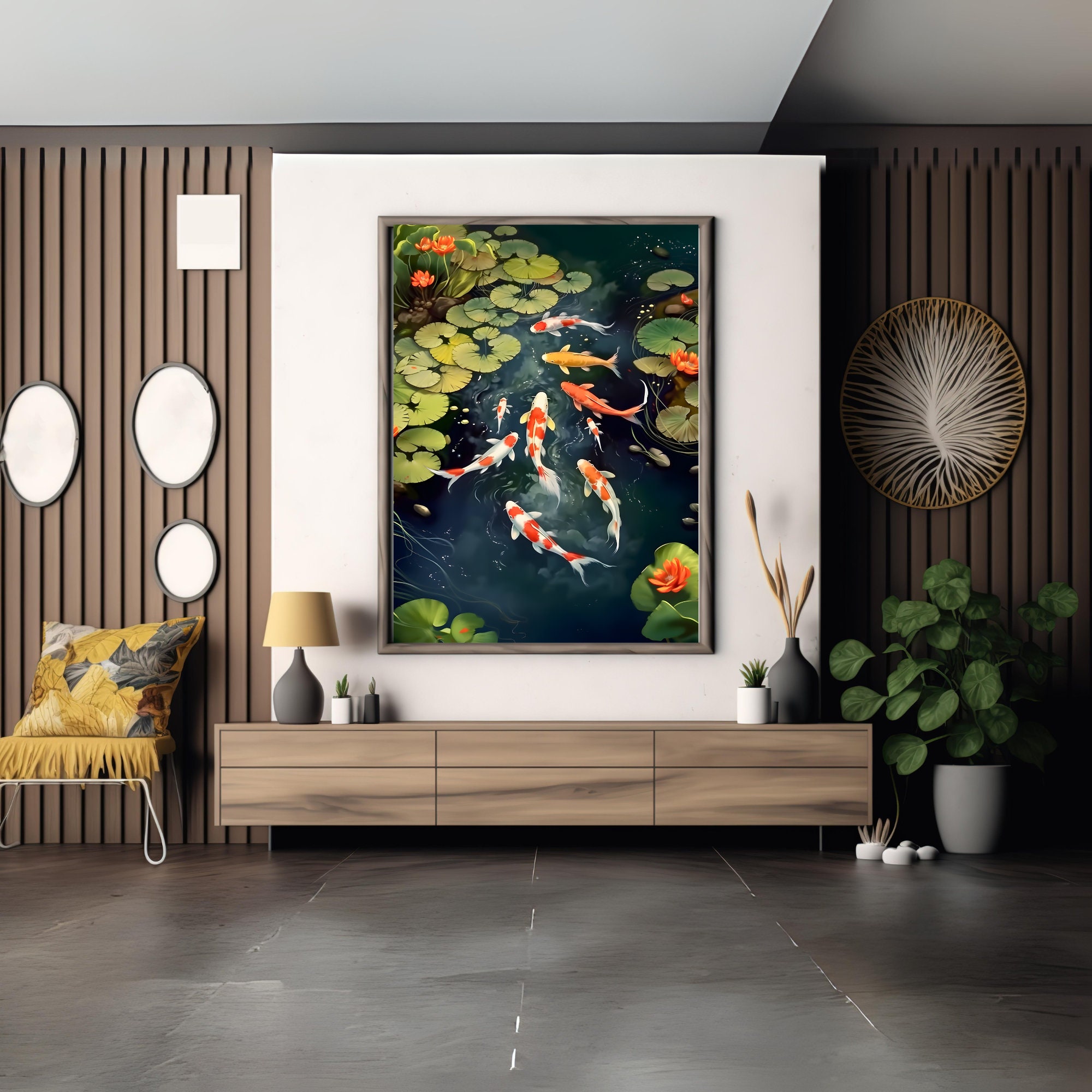 Koi Fishes in the Pond Painting, Digital Download Koi Fish Print Wall ...