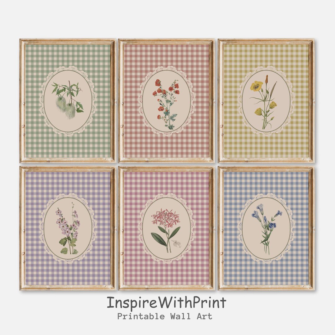 Gingham Wildflower Print Set of 6, Vintage Floral Botanical Wall Art ...