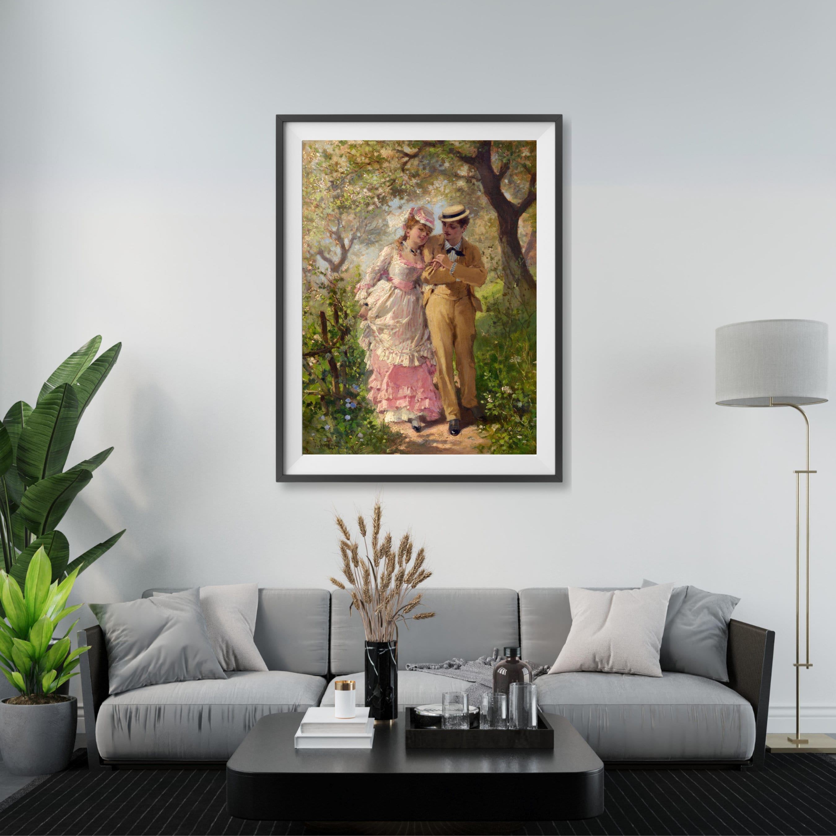 Vintage Couple Painting, Lovers Walking in the Garden Wall Art, Digital ...