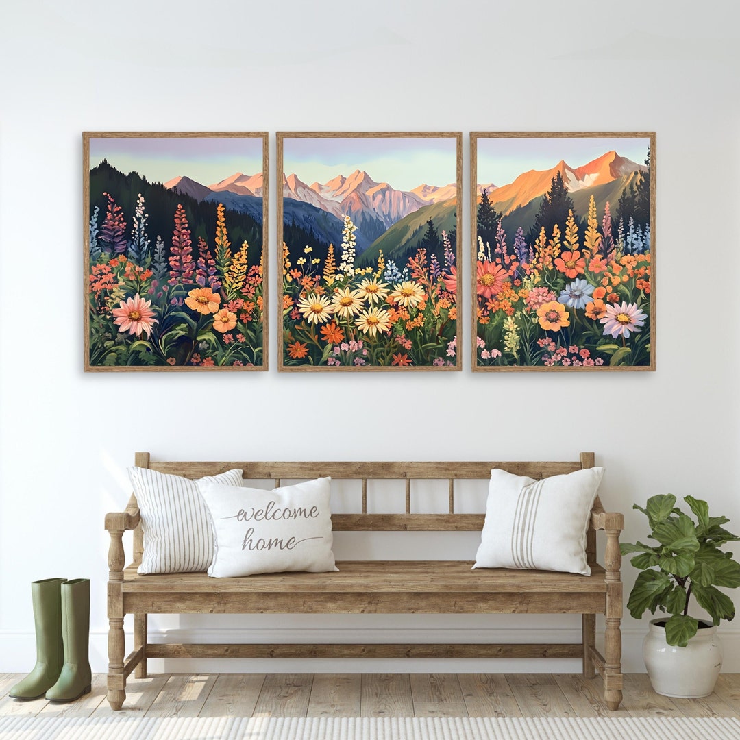 Boho Mountain Wildflower Landscape Print Set of 3, Printable Mountain ...