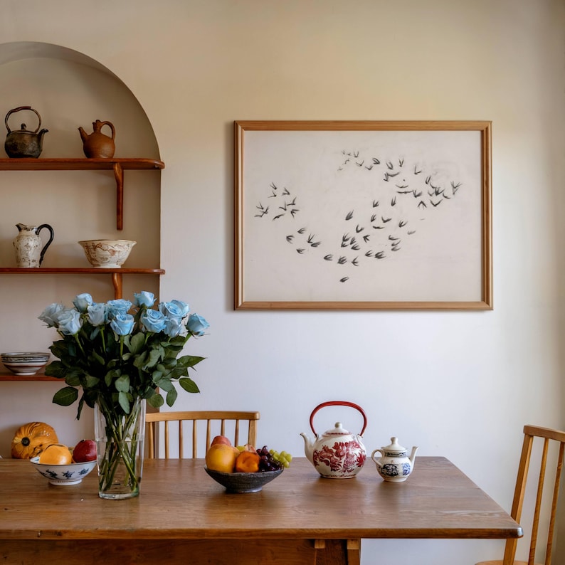 Bird Flock Wall Art, Flock of Birds Print, Birds Sketch Drawing, Flying ...
