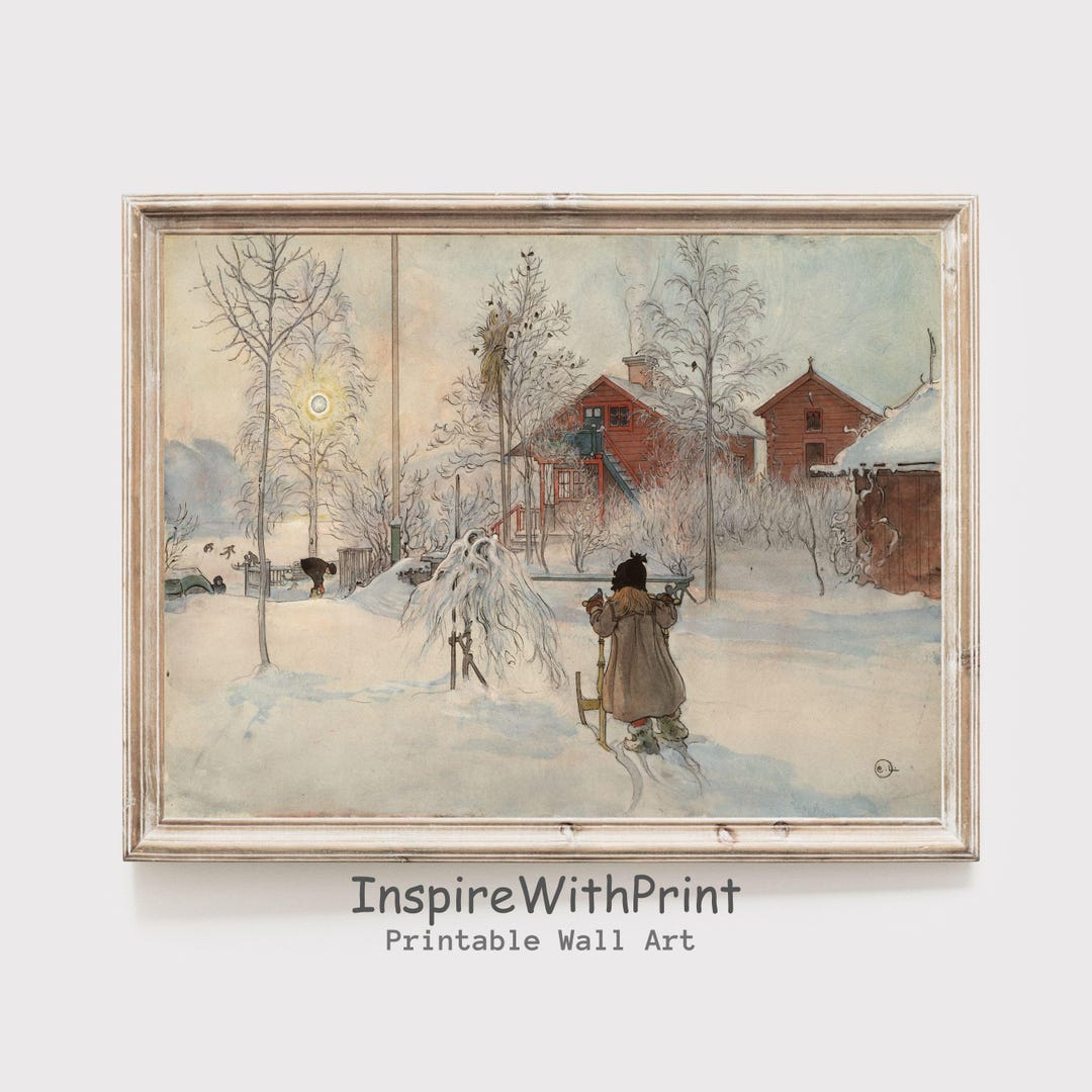 Vintage Snow Scene With Kids Wall Art, Nostalgic Winter Joy Art, Snowy ...