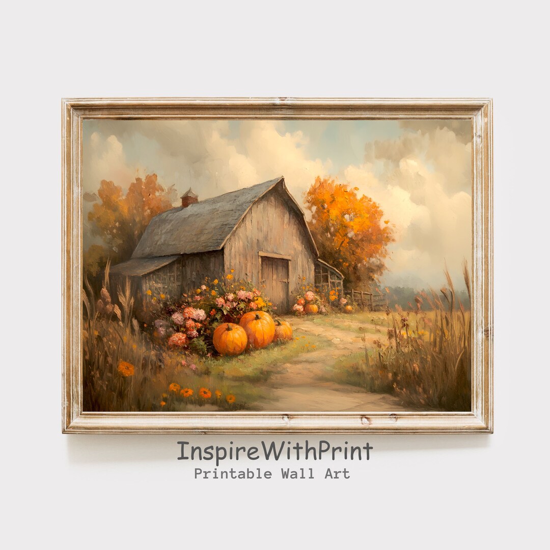 Farmhouse Pumpkin Barn Wall Art, Moody Fall Barn Print, Rustic Fall Art ...