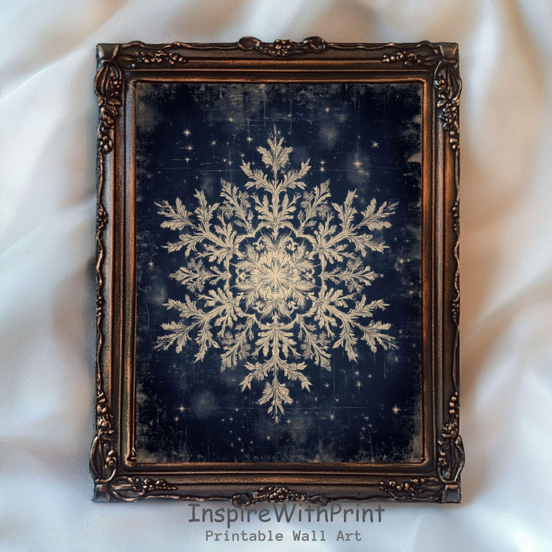 Vintage Snowflake Art, Navy Christmas Wall Decor, Rustic Winter ...