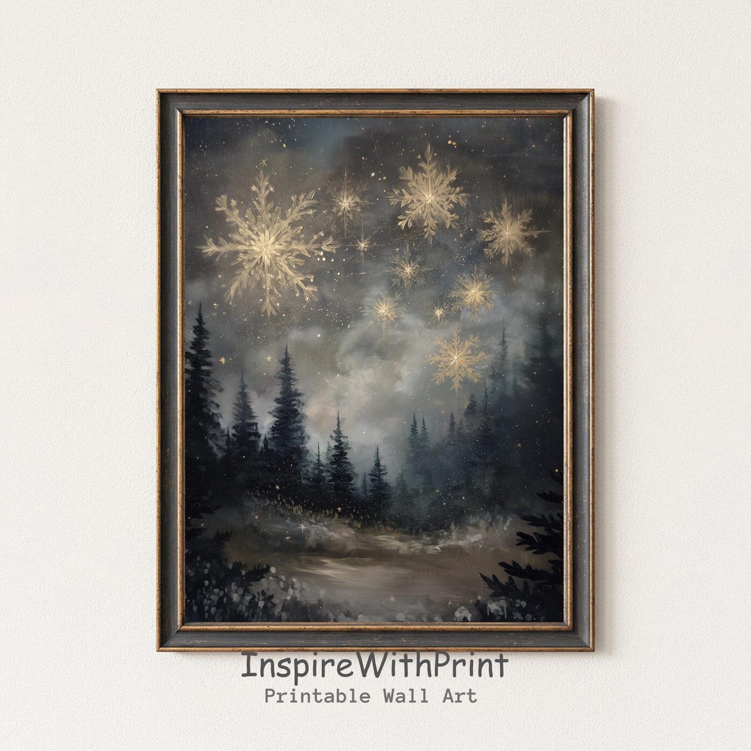 Moody Winter Forest Wall Art, Snowy Pine Trees With Golden Stars ...