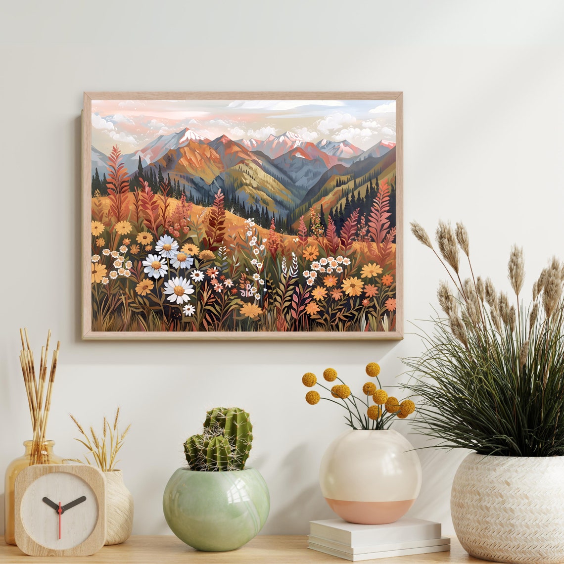 Mountain Wildflower Landscape Art Print, Boho Earth Tones Landscape ...