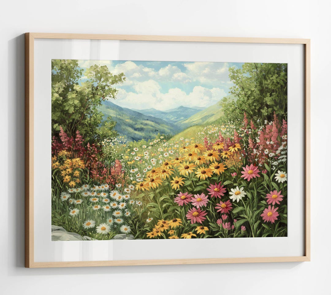 Mountain Wildflower Landscape Painting, Colorful Flower Field Print ...