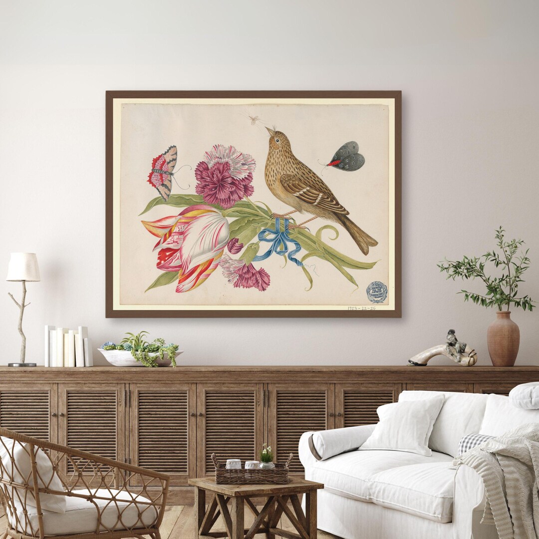 Vintage Bird and Botanical Wall Art, Colorful Floral Print, Farmhouse ...
