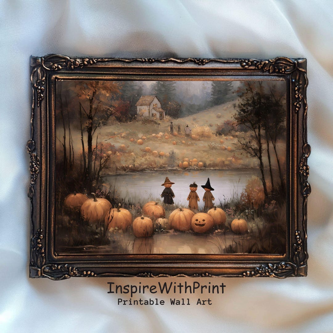 Vintage Fall Pumpkin Field Landscape With Scarecrow Print, Spooky ...