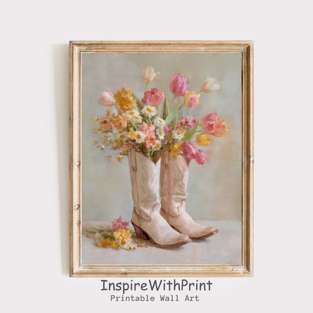 Floral Cowboy Boots Wall Art, Spring Cottagecore Painting, Whimsical ...