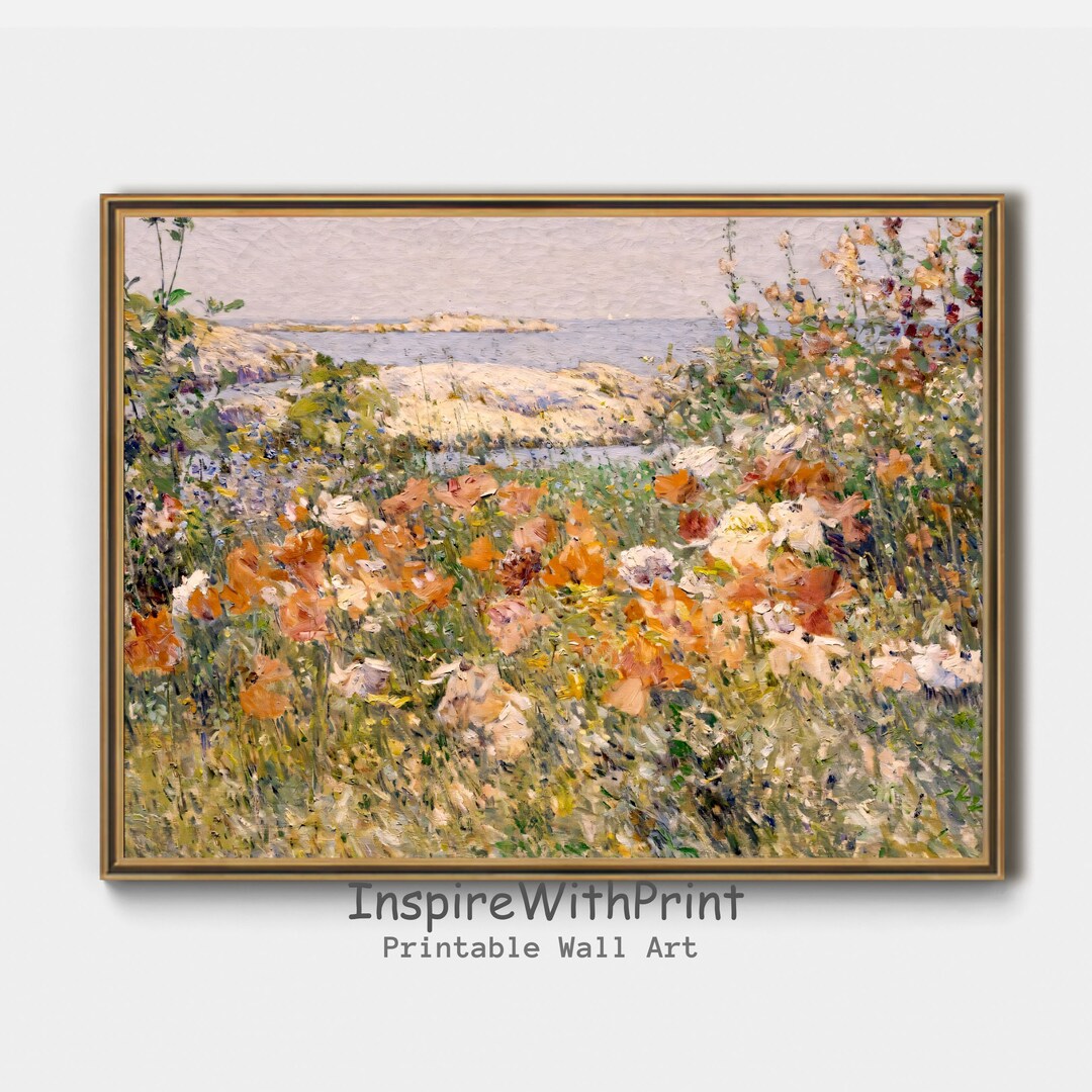 Coastal Wildflower Field Print, Vintage Flower Landscape Wall Art ...