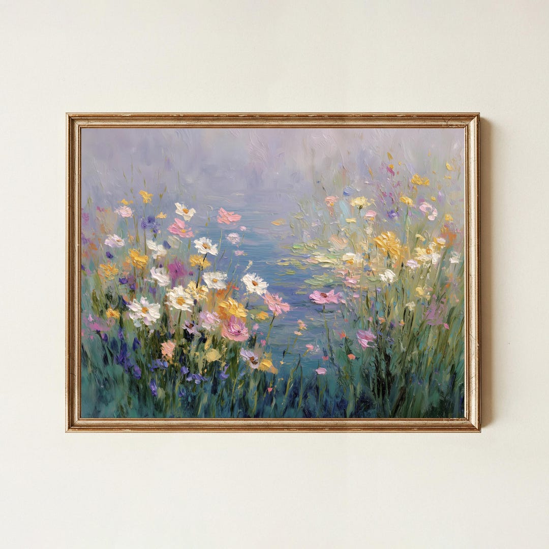 Spring Wildflower Lake Art Printable, Pastel Floral Landscape, Cottage ...