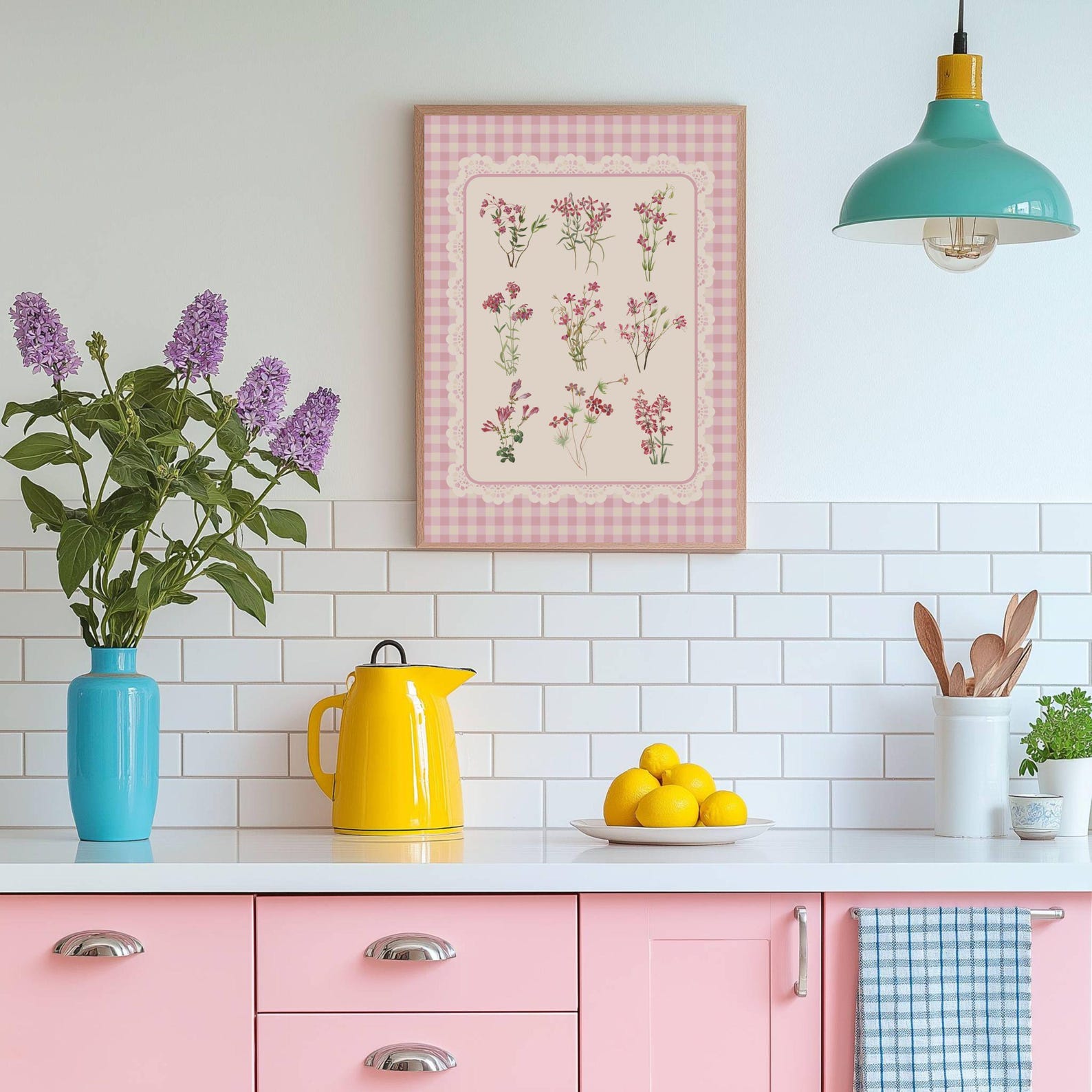 Pink Gingham Wildflower Print, Vintage Floral Botanical Wall Art ...