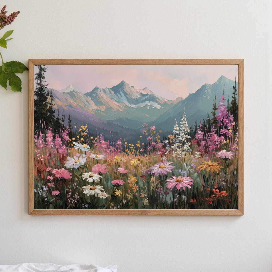 Boho Mountain Wildflower Meadow Wall Art, Pastel Alpine Landscape Print ...