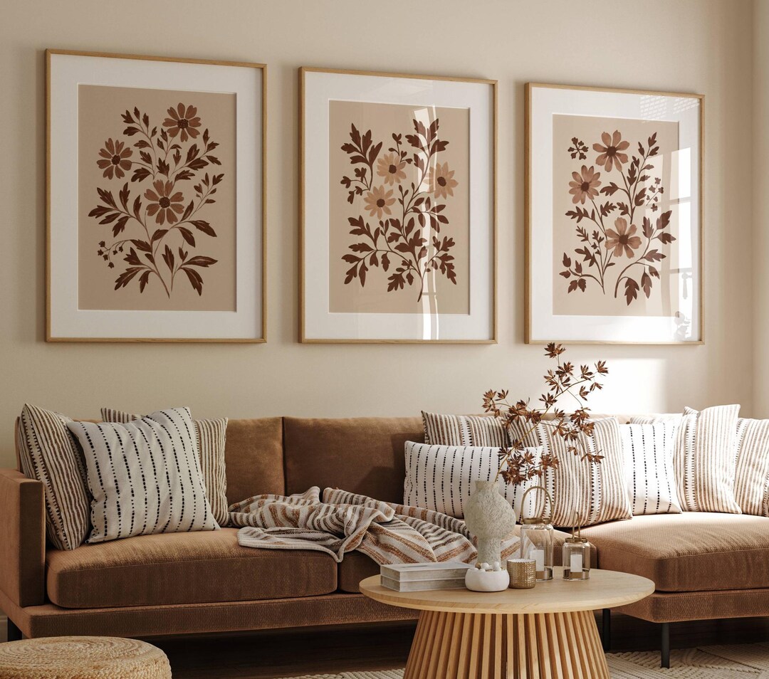 Neutral Botanical Printable Boho Wall Art Set of 3, MCM Floral Print ...