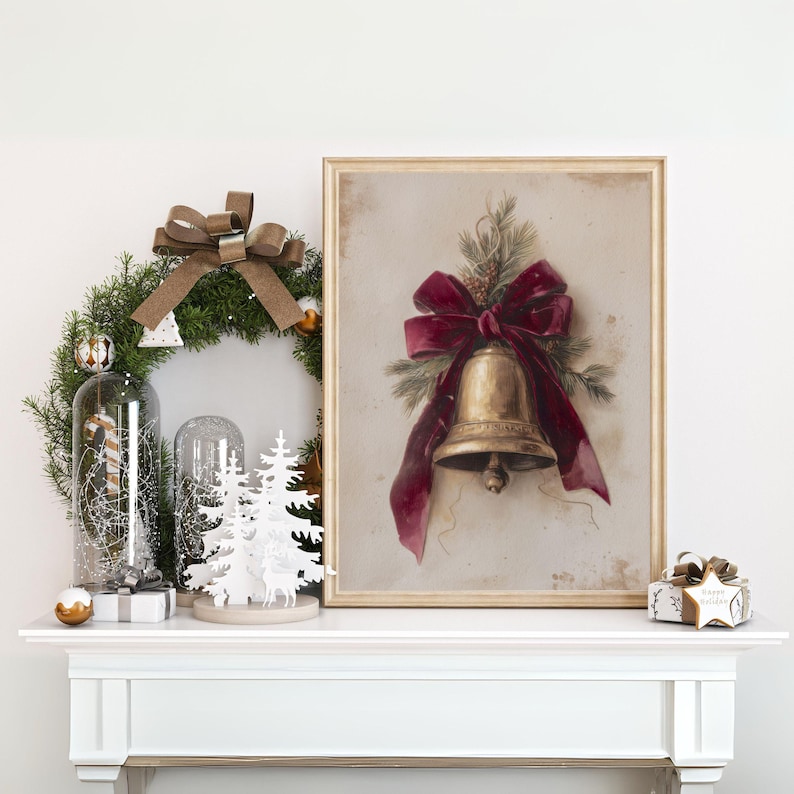 Vintage Christmas Bell With Red Bow Print, Cozy Holiday Wall Art ...