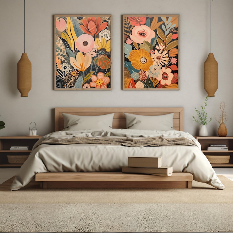 Midcentury Modern Boho Flowers Bouquet Set of 2 Printable Wallarts ...