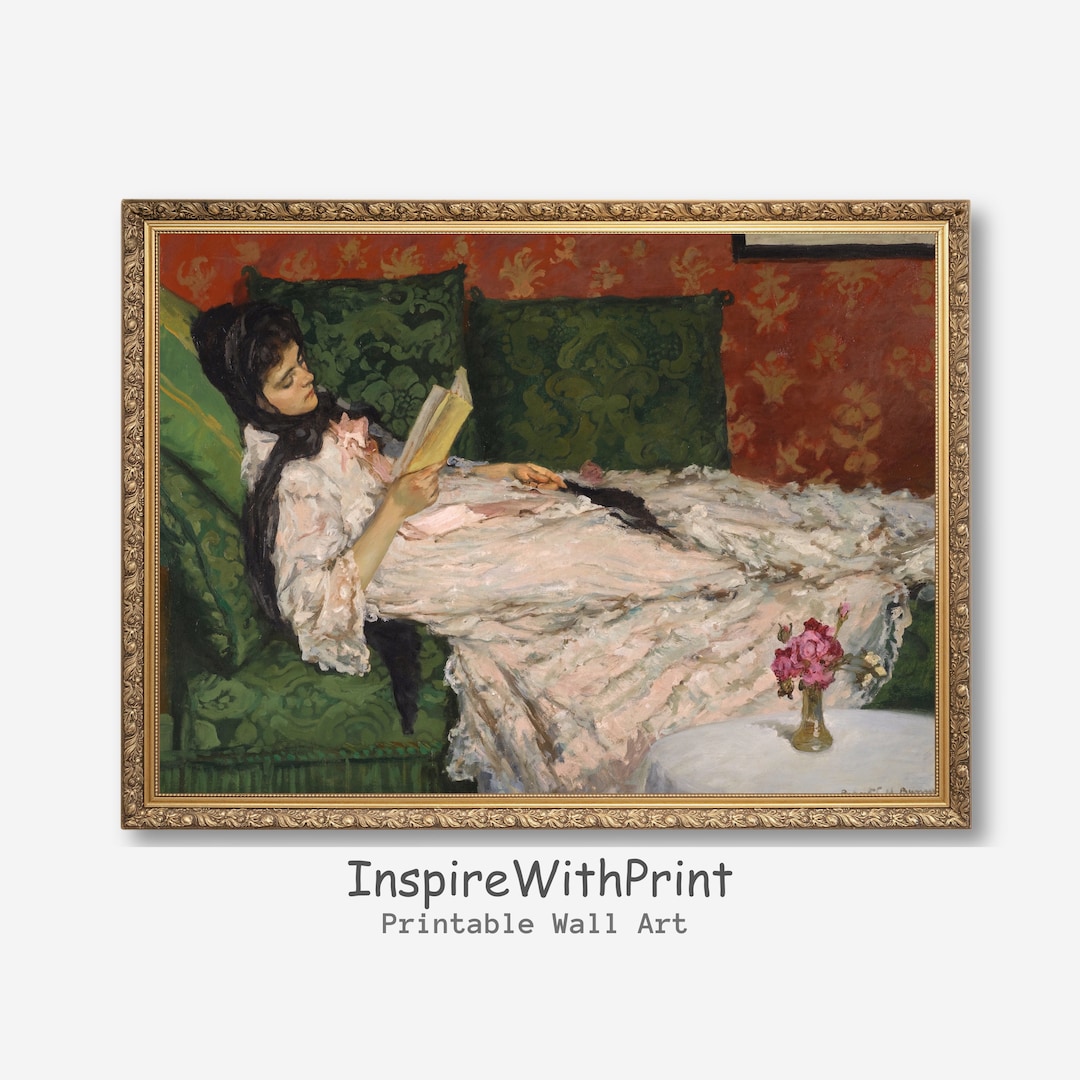 Vintage Woman Reading Portrait Painting, Digital Download Antique ...