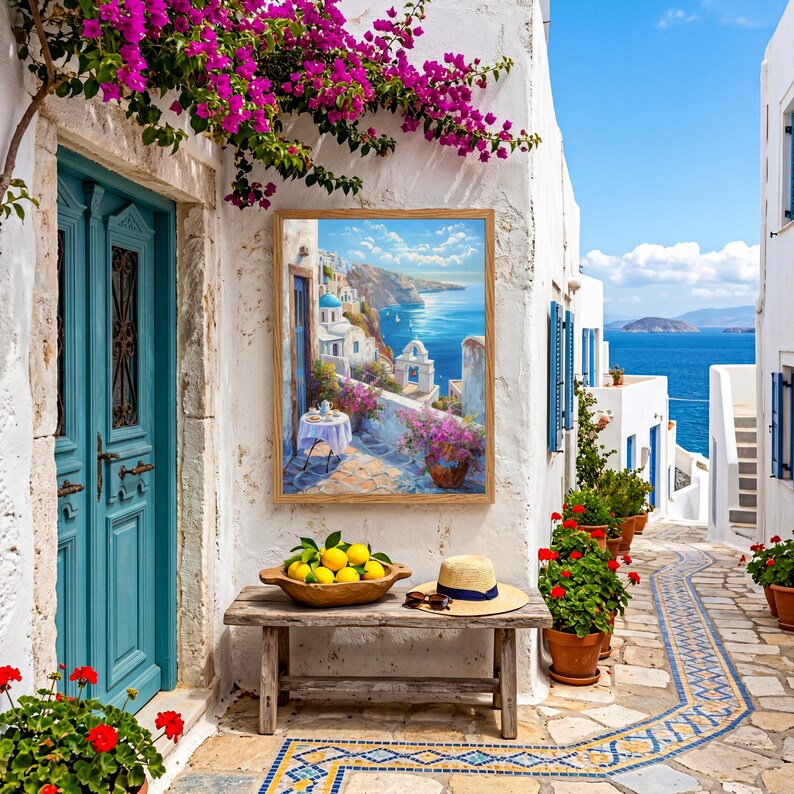 Santorini Terrace Wall Art, Greek Island Ocean Painting, Mediterranean ...