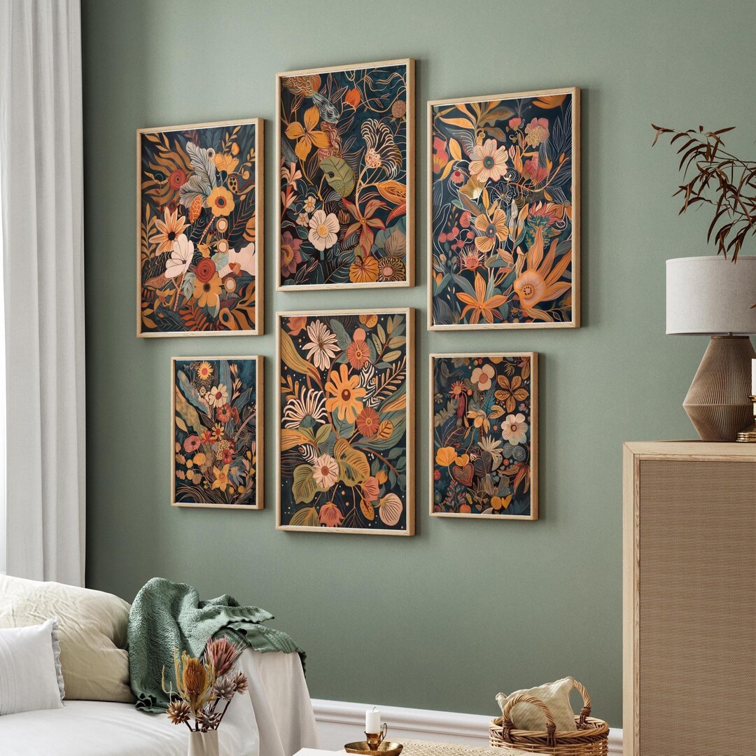 Midcentury Modern Boho Flowers Bouquet Wall Art Set of 6, Wildflowers ...