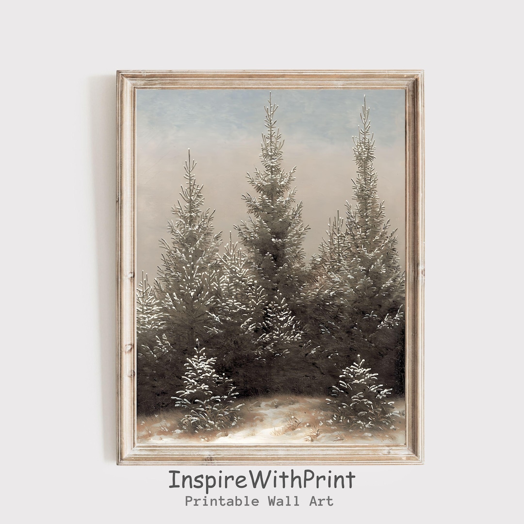 Snowy Pine Tree Painting, Snow Winter Landscape Print, Rustic Winter ...