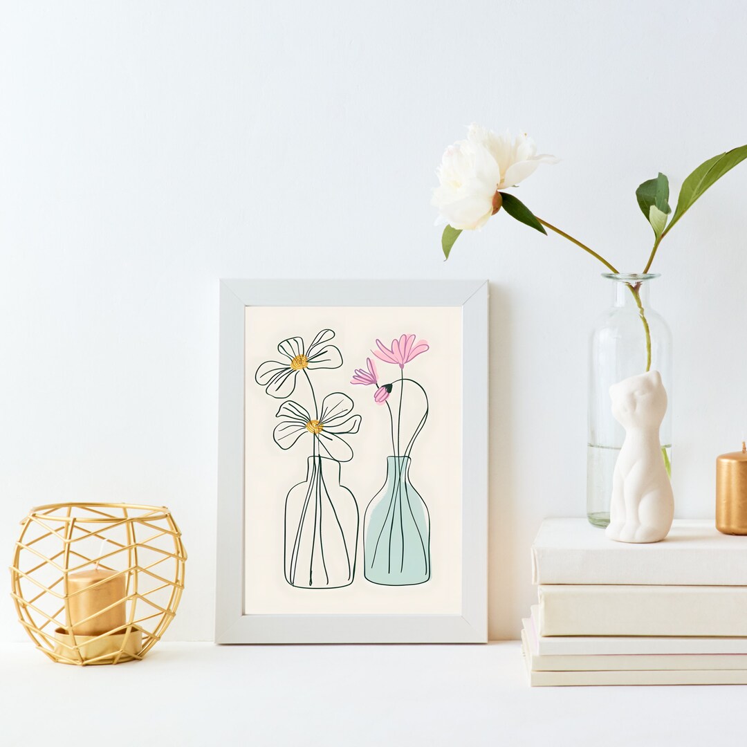 Line Drawing Flower Vase Print, Retro Floral Poster, Digital Download ...