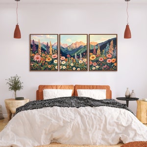 Boho Mountain Wildflower Landscape Print Set of 3, Printable Mountain ...