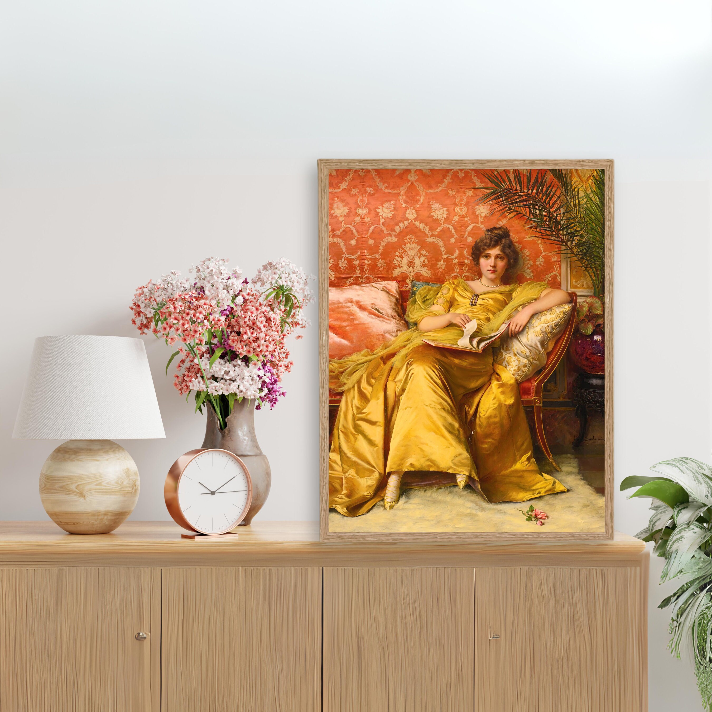 Vintage Woman Reading Portrait Painting, Digital Download Woman in Gold ...