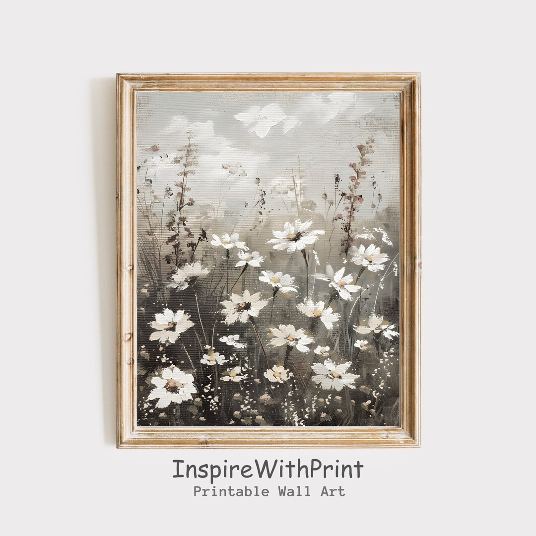 Vintage Wildflower Field Painting, Digital Download White Flower Artful ...