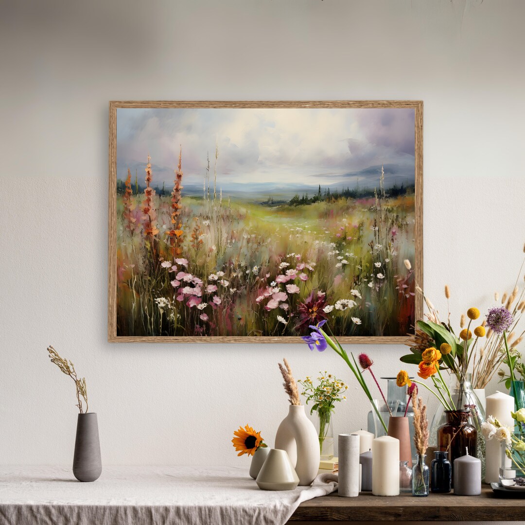 Rustic Wildflower Field Painting, Digital Download Moody Landscape Wall ...