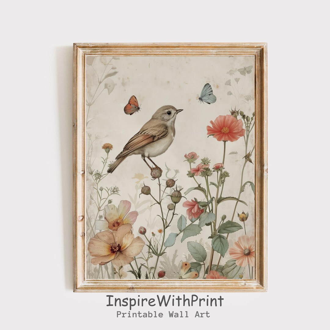 Vintage Bird Botanical Printable Art, Cottagecore Floral Wall Art, Soft ...