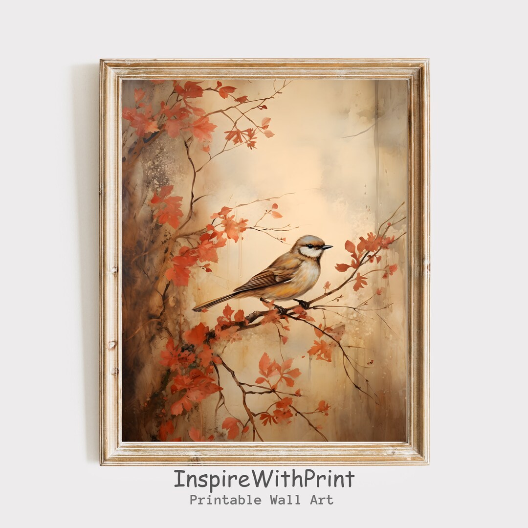 Fall Painting Wall Art, Digital Download, Rustic Fall Art, Bird ...