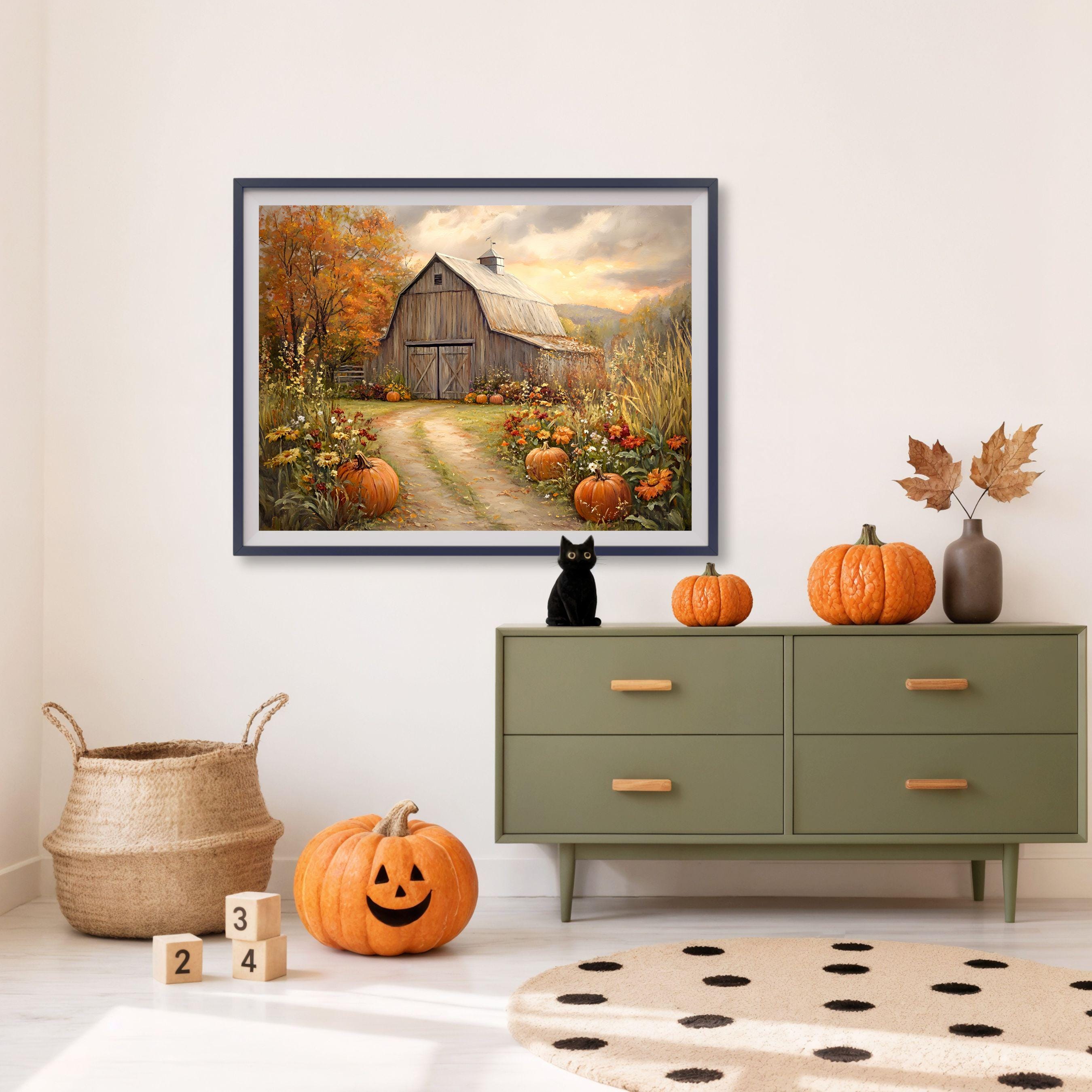 Farmhouse Pumpkin Barn Wall Art, Moody Fall Barn Print, Rustic Fall Art ...