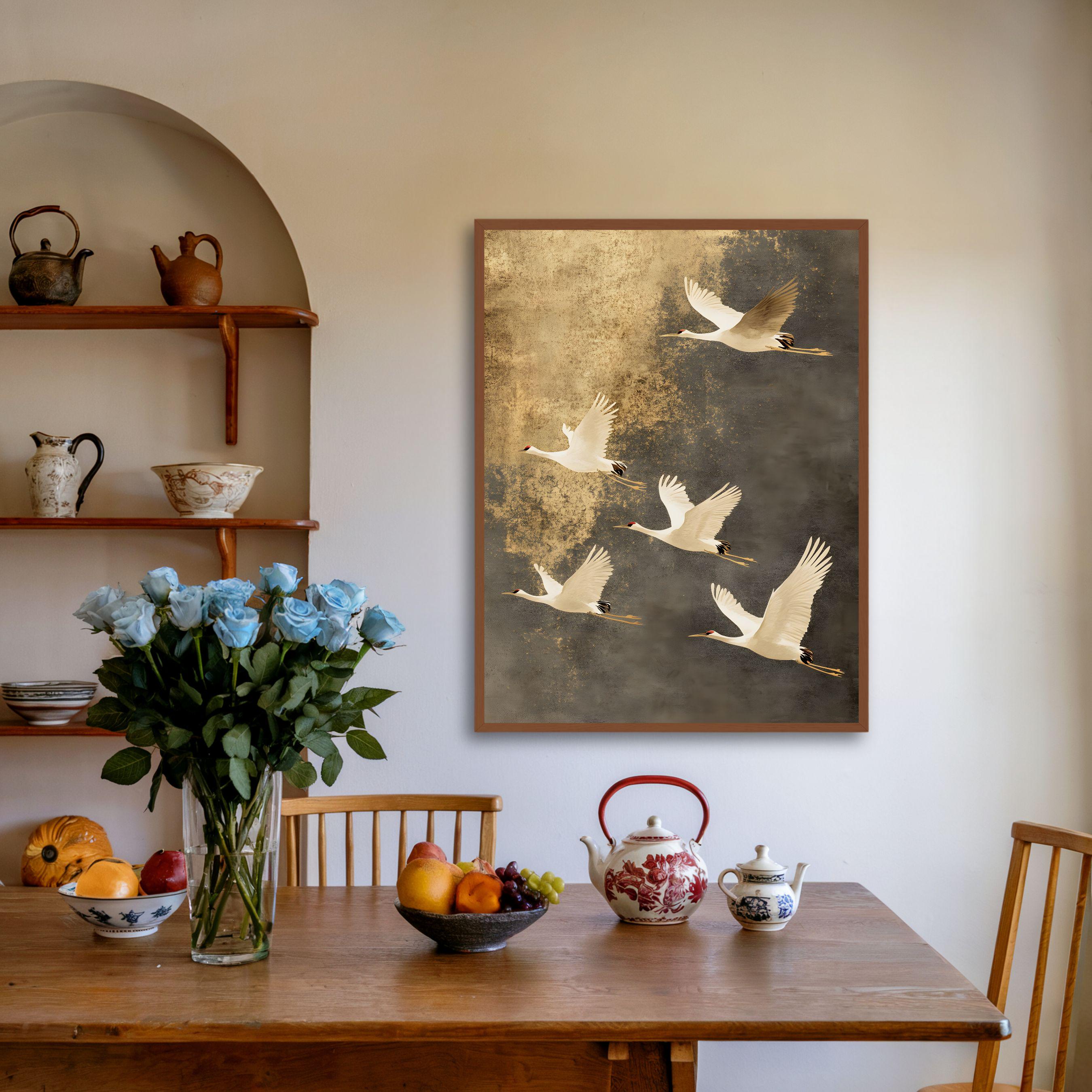 Art mural grues volantes, Art de style Japandi imprimable troupeau d ...