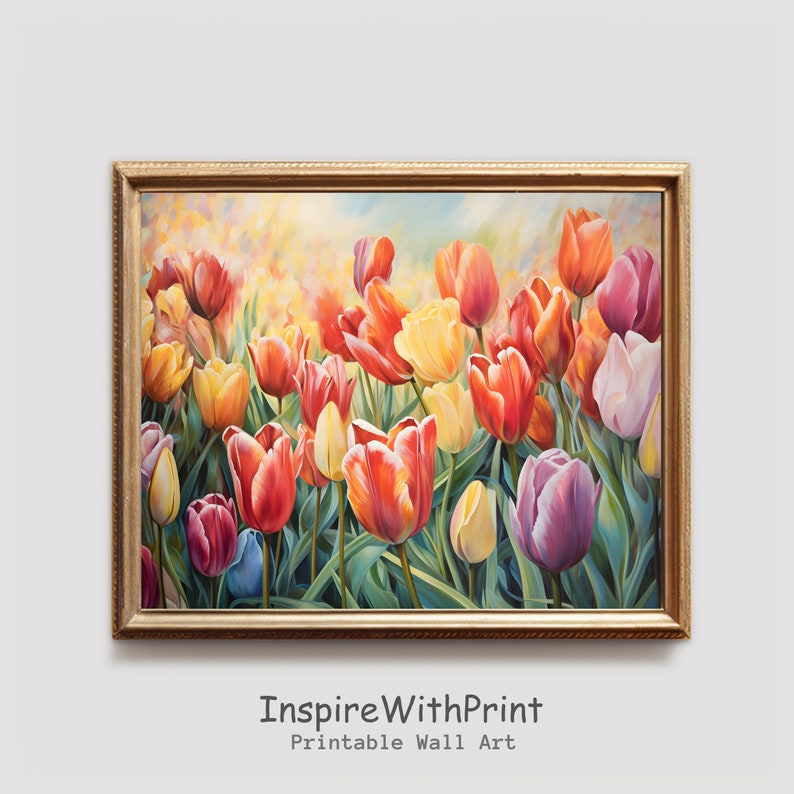 Colorful Tulip Garden Painting, Digital Download Tulip Prints, Spring ...