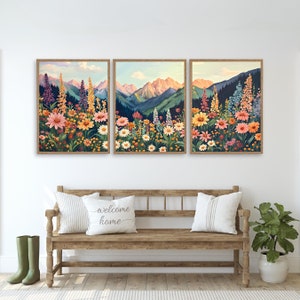 Boho Mountain Wildflower Landscape Print Set of 3, Printable Mountain ...