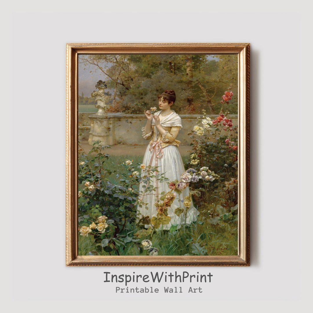 Vintage Woman in the Rose Garden Wall Art, Digital Download Moody Woman ...