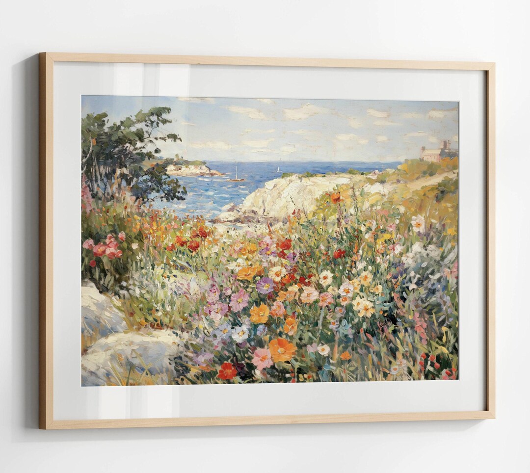 Coastal Wildflower Field Print, Vintage Flower Landscape Wall Art ...