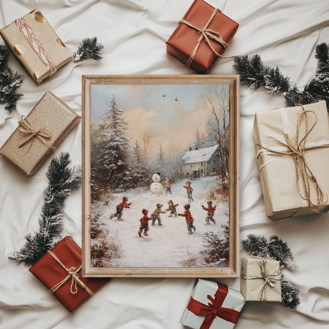 Winter Kids Playing in Snow Printable Christmas Wall Art, Farmhouse ...