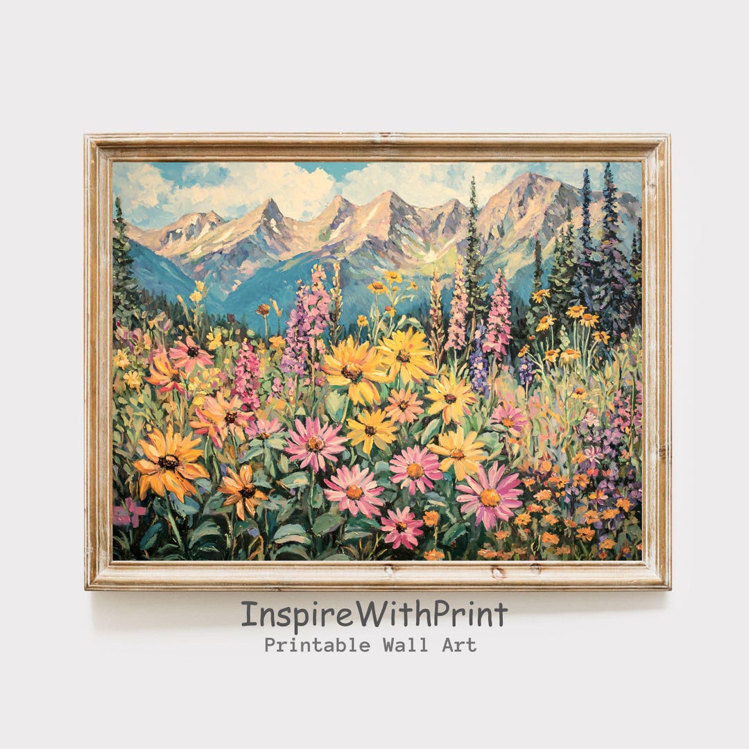 Mountain Wildflower Landscape Painting, Colorful Flower Field Print ...
