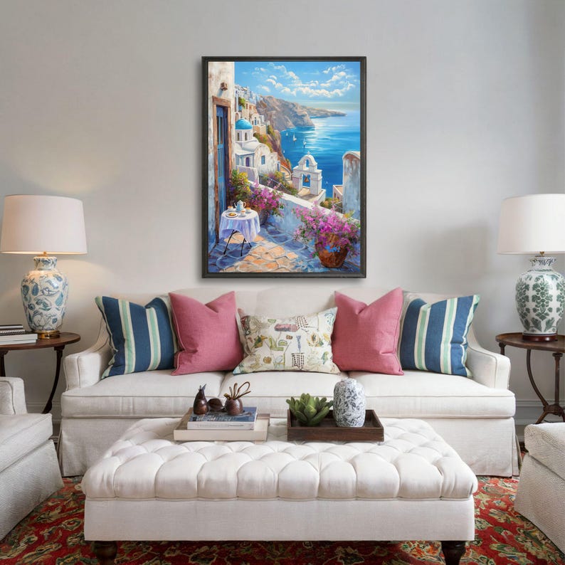 Santorini Terrace Wall Art, Greek Island Ocean Painting, Mediterranean ...