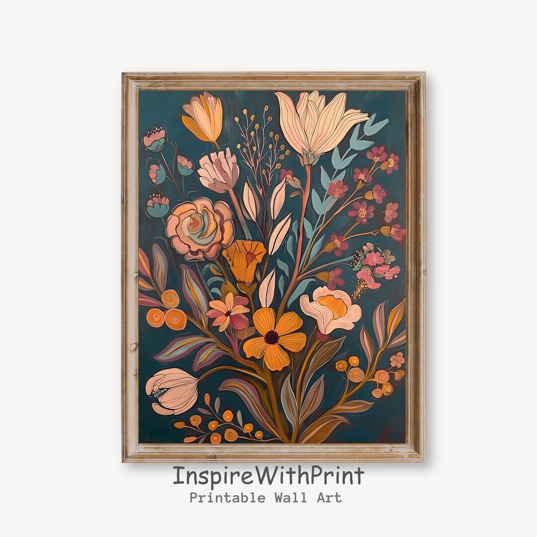 Midcentury Modern Boho Flower Bouquet Wall Art Printable Wildflowers ...