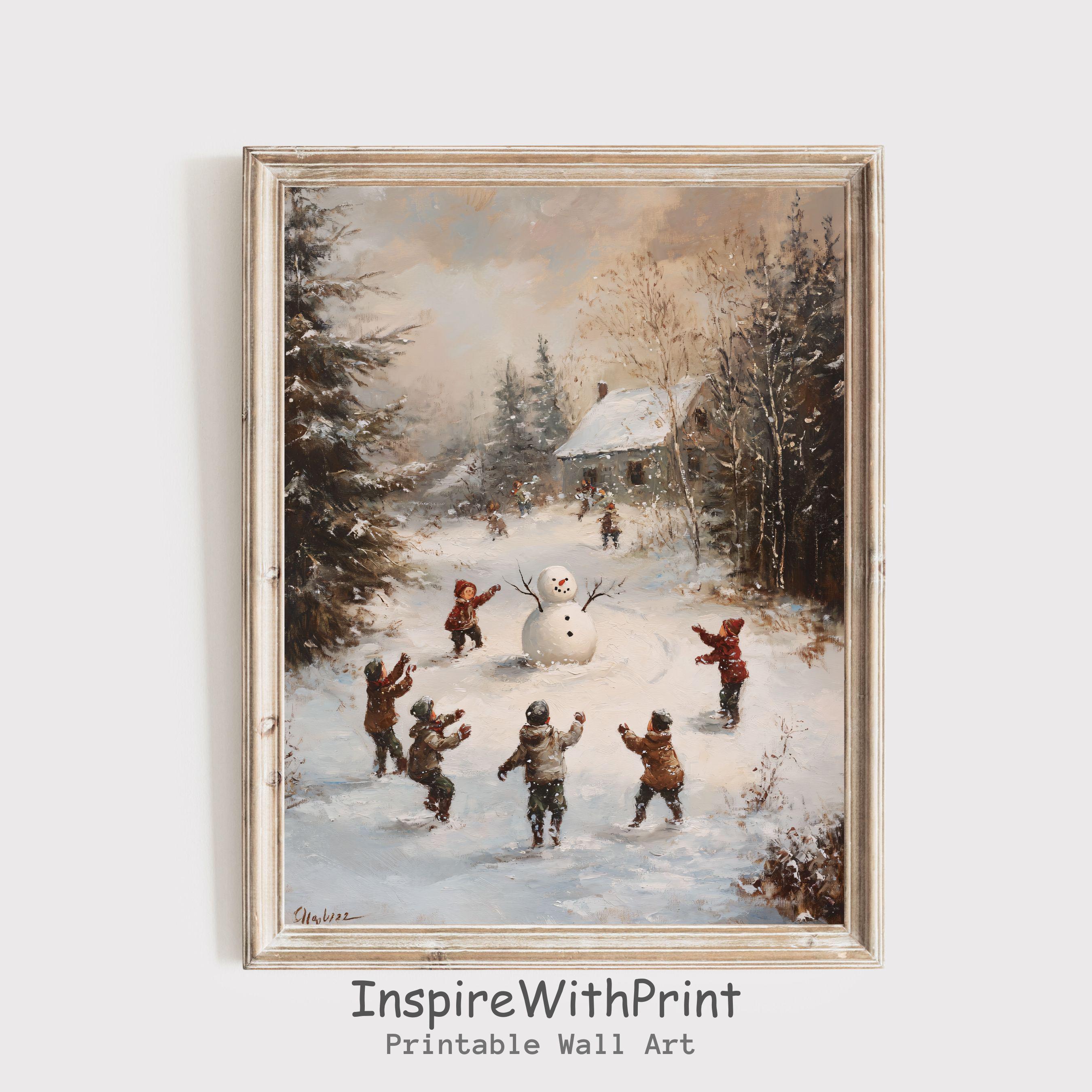 Winter Kids Playing in Snow Printable Christmas Wall Art, Farmhouse ...