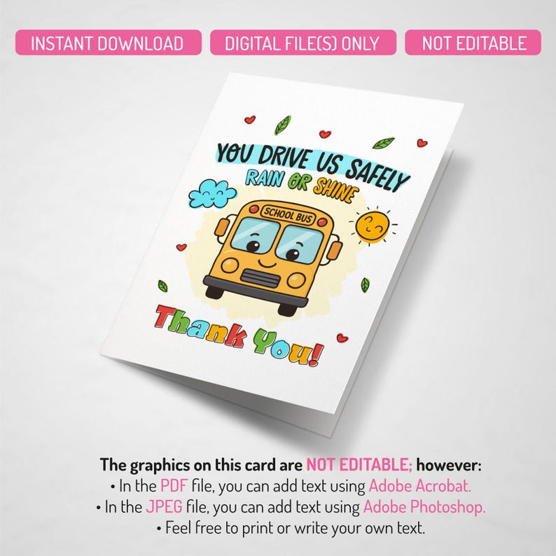Printable School Bus Driver Thank You Card: Appreciation Gift (digital ...