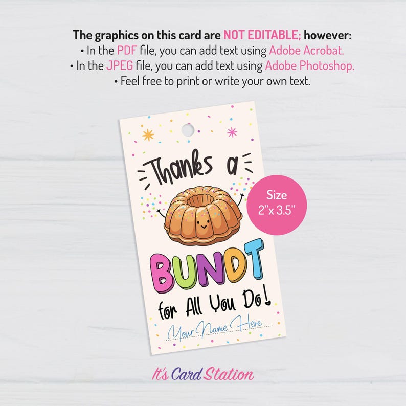 Bundt Cake Thank You Gift Tag: Employee, Teacher, Volunteer (digital ...