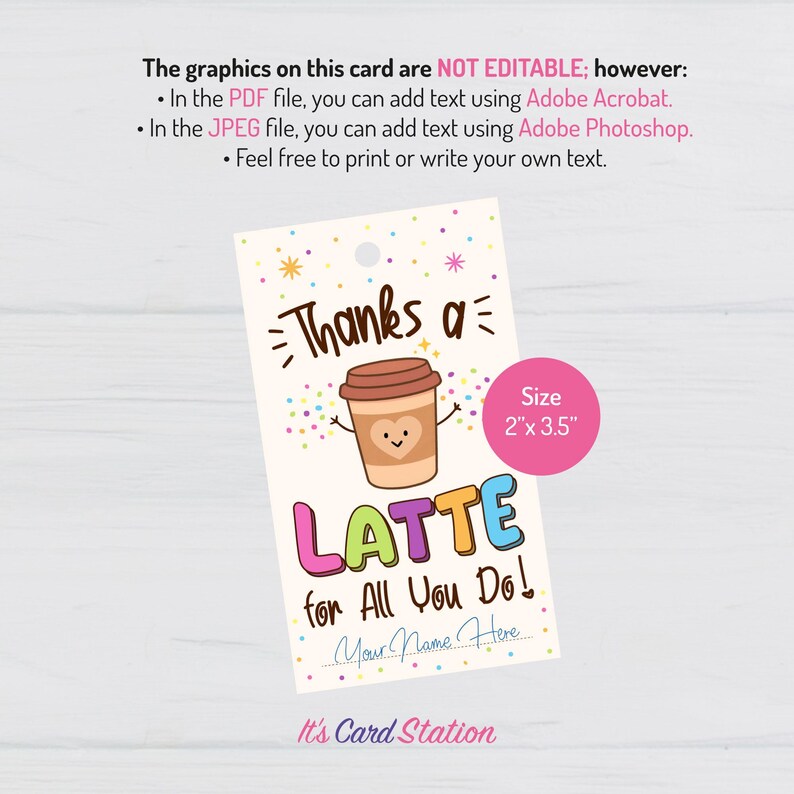 Thanks A Latte Gift Tag Printable: Teacher, Nurse, Volunteer (digital ...