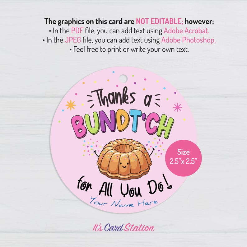 Thanks a Bundt'ch Gift Tag - Bundt Cake Gift Tag Printable - Nurse ...