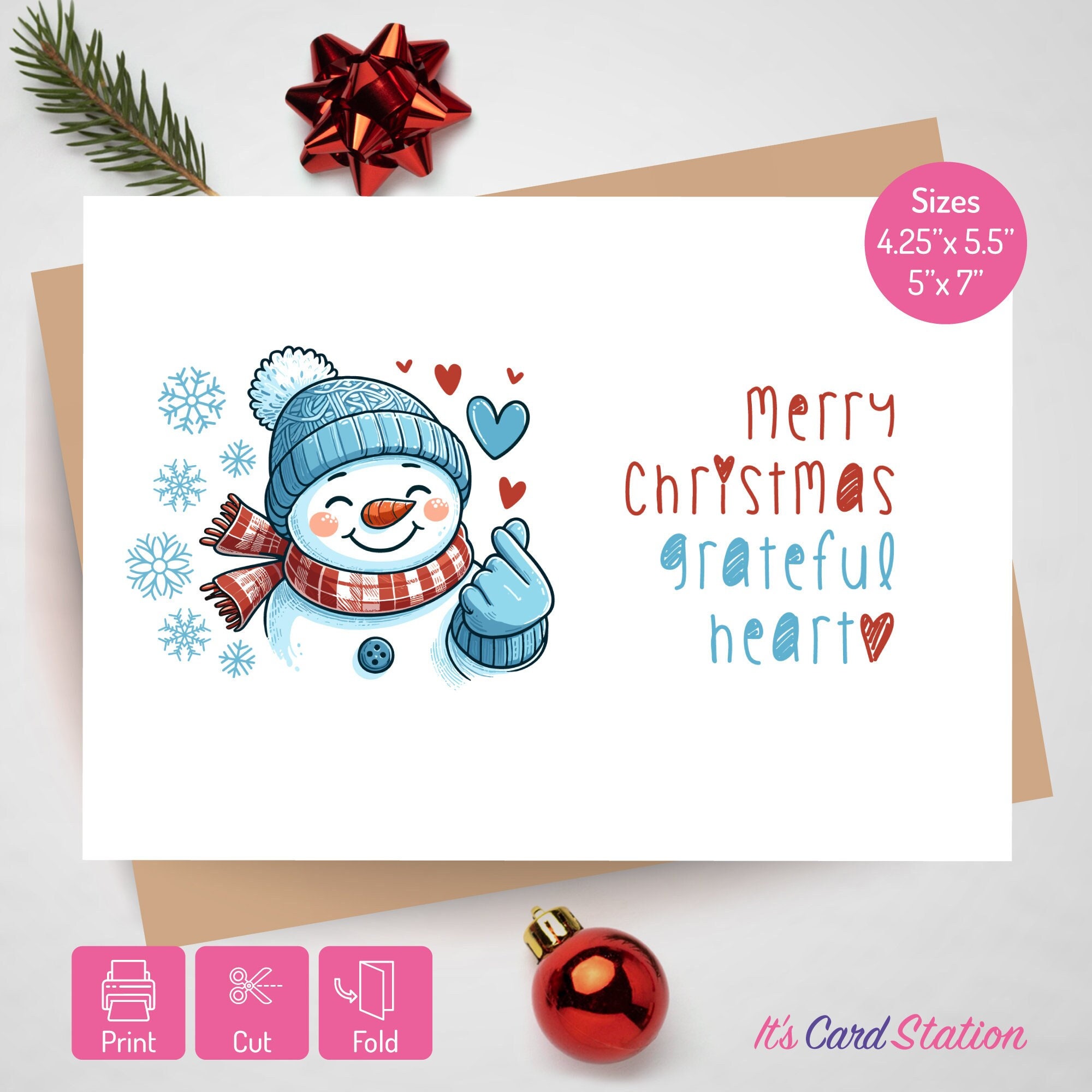Cute Snowman Thank You Card Printable Merry Christmas Greeting Card ...