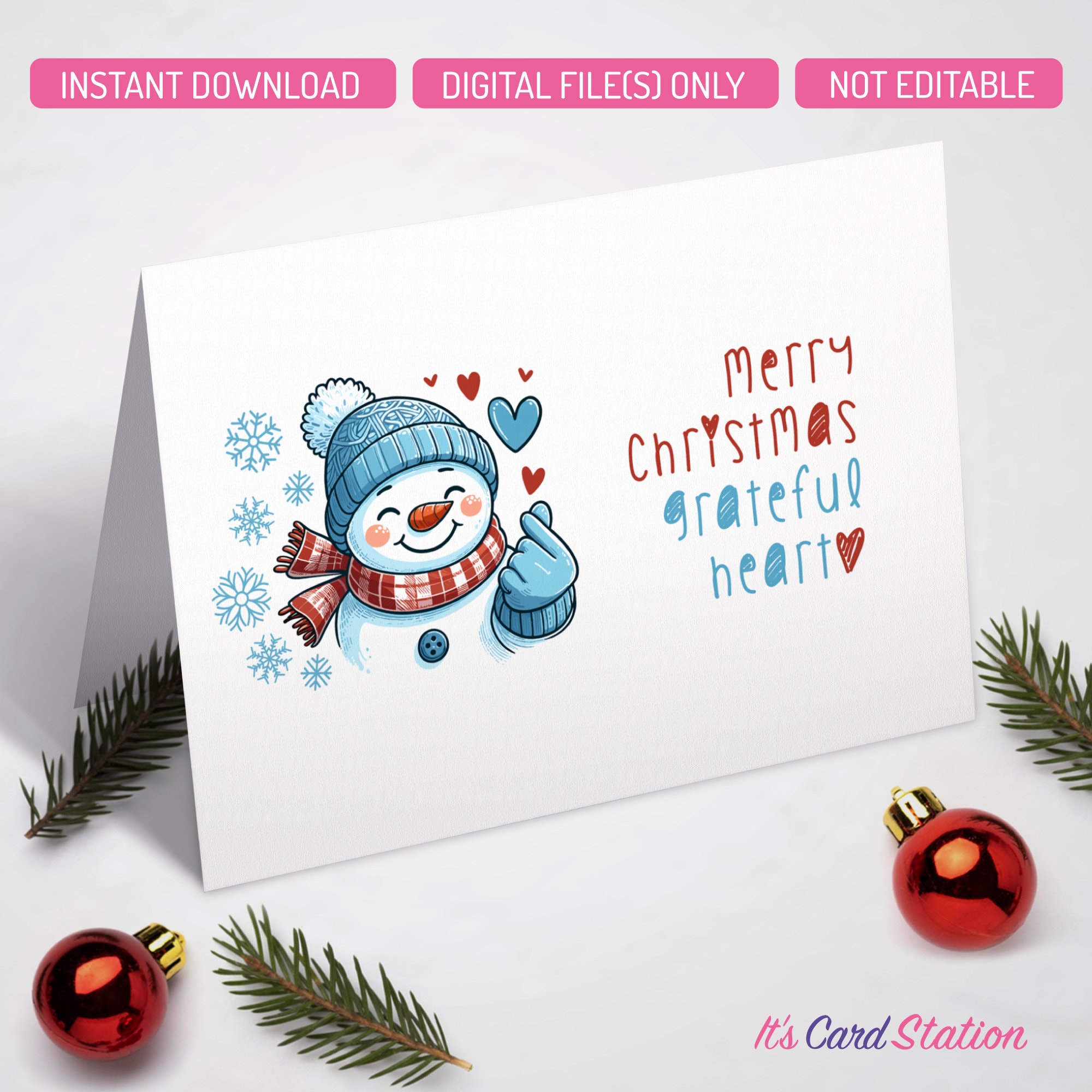 Cute Snowman Thank You Card Printable Merry Christmas Greeting Card ...
