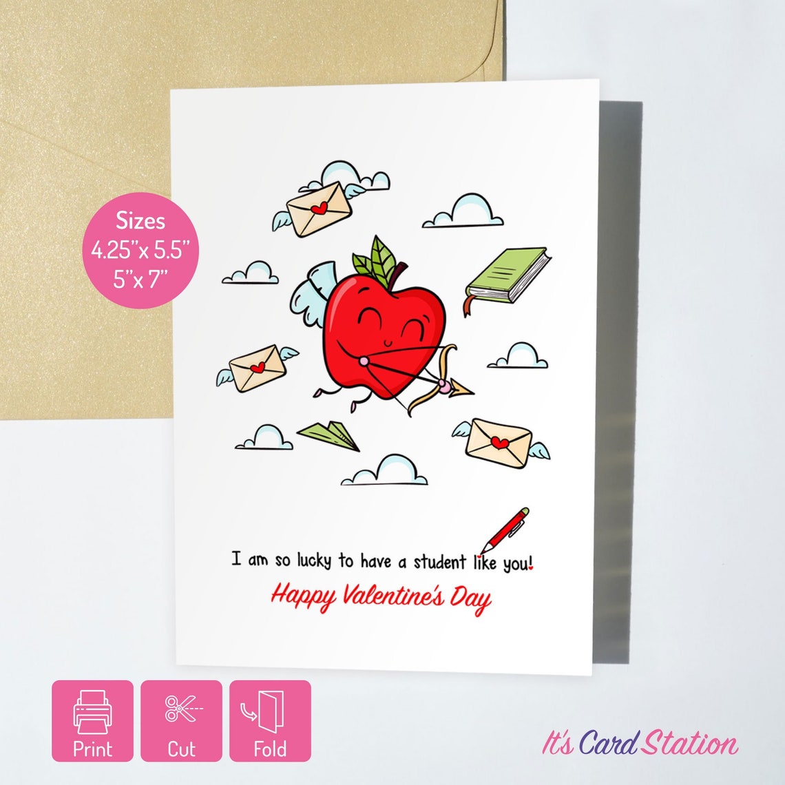 Printable Teacher to Student Valentine's Day Card, Cute Heart Apple ...